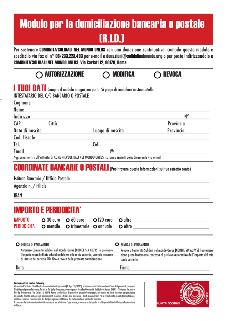 Revoca rid bancario modulo